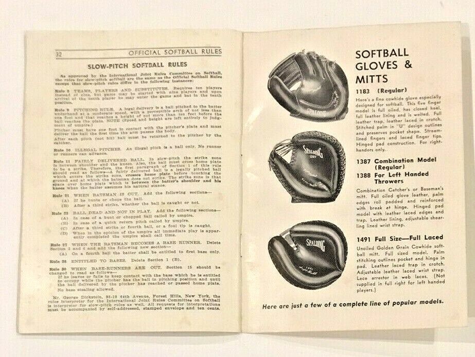 1957 Official Softball Rules Book Spaulding International Committee 32 ...