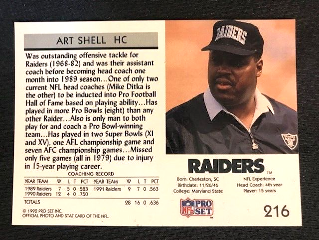 NFL - Art Shell Head Coach 1992 Pro Set Football - Los Angeles Raiders ...