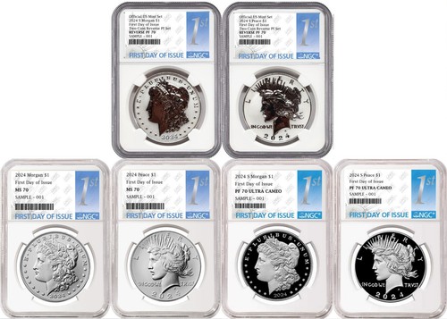 6 coin set 2024 morgan peace silver dollars ms pf rp 70 first day 1st ...