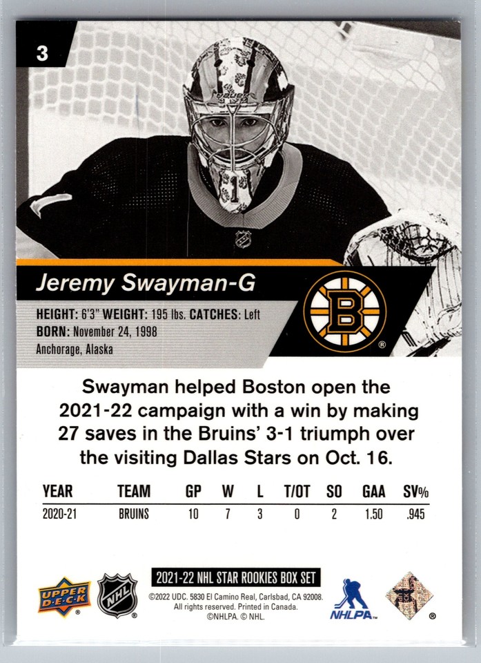 2021-22 Upper Deck NHL Star Rookies Box Set #3 Jeremy Swayman Boston ...