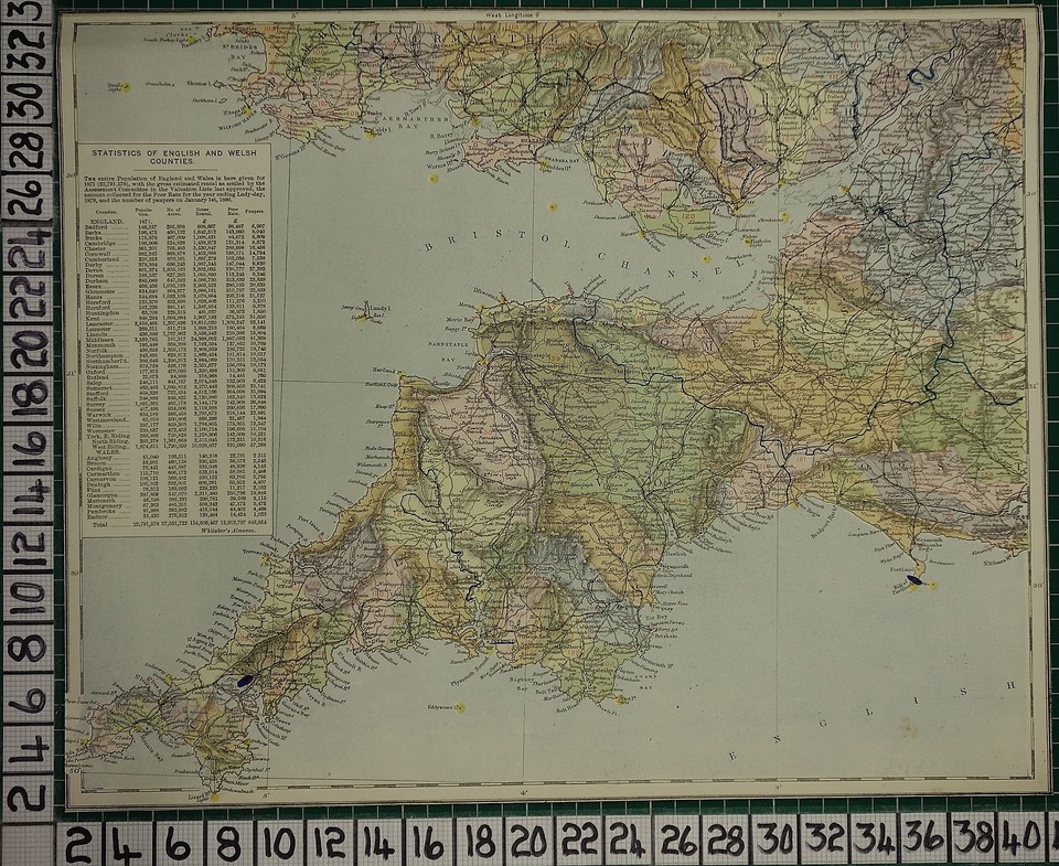 1883 LETTS MAP ~ CORNWALL PENZANCE DEVON SOMERSET DORSET POPULATION ...