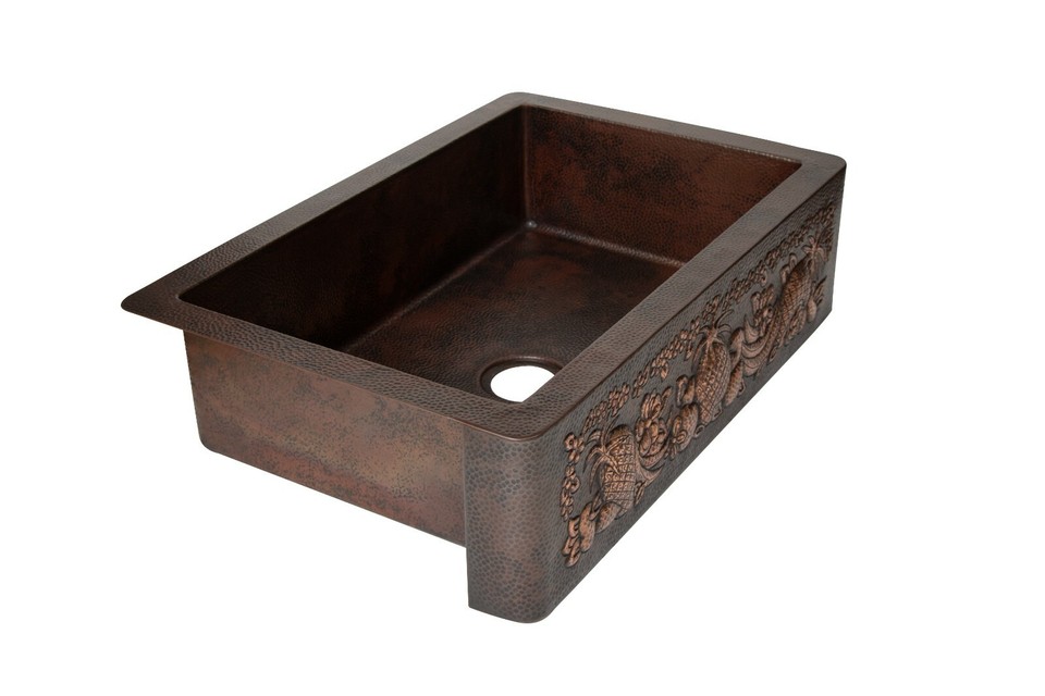 Farmhouse Bronze Copper Kitchen Sink: 33x22" w/ Fruits Design on Apron ...