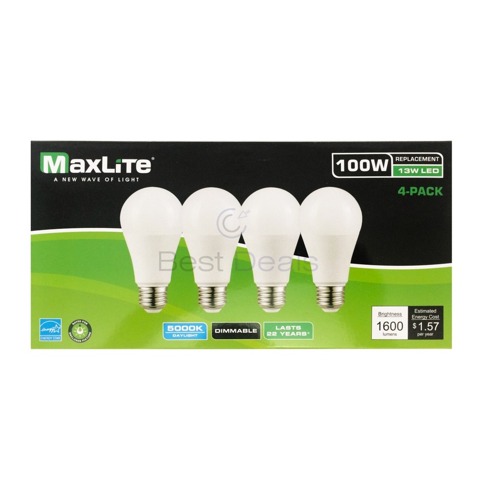Maxlite Dimmable LED 13W Daylight Light Bulb A19 100W replacement 5000k ...