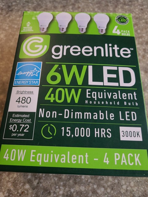 Greenlite 6 Watt (40 W Equiv) 4 Pack LED Bulbs 3000k 160 Lum A19 Base ...