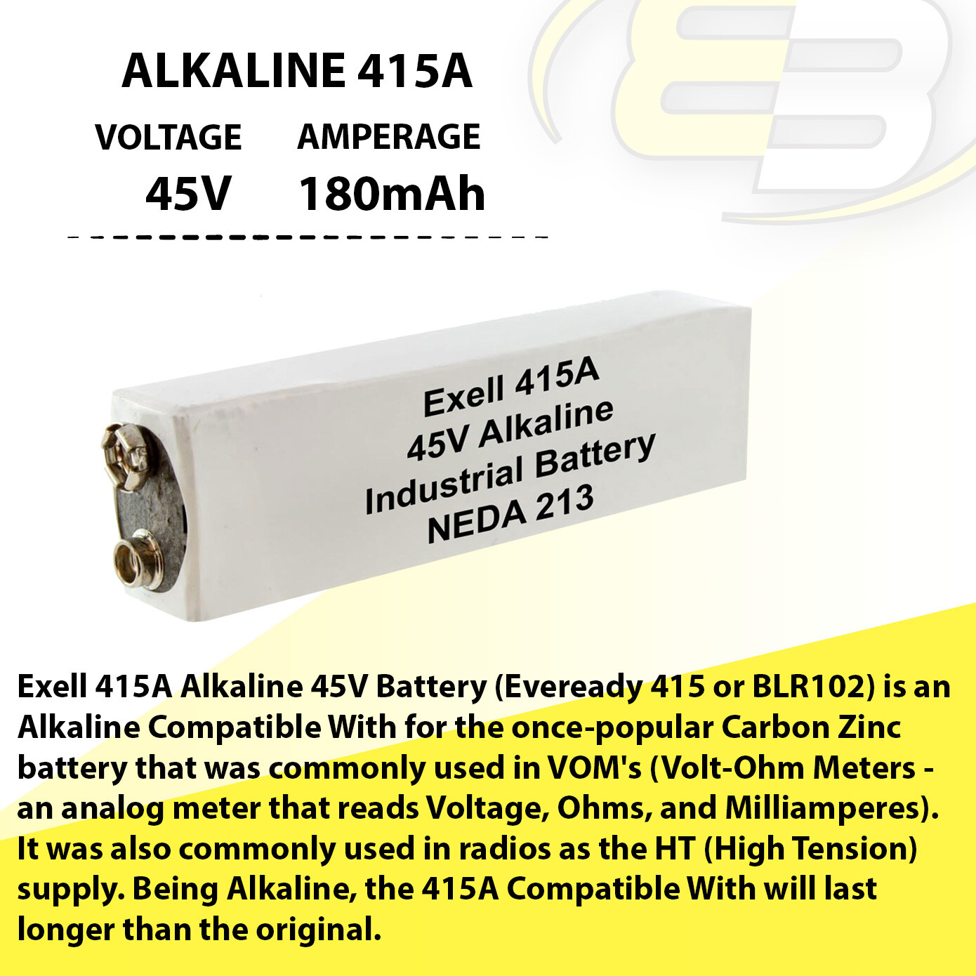 Exell 415A Alkaline 45V Battery NEDA 213, Compatible With 30F20, BLR102 ...
