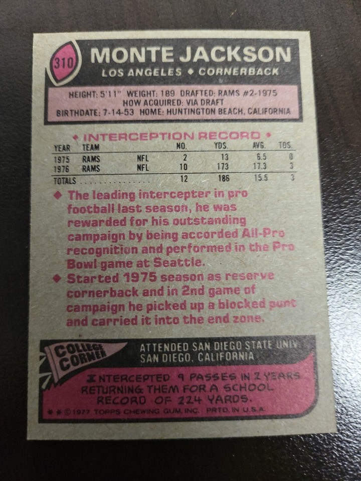 1977 Topps Monte Jackson card #310 | eBay