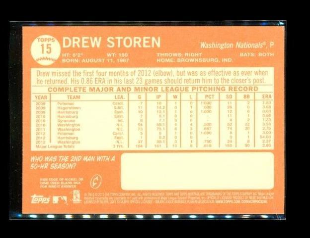 2013 TOPPS HERITAGE Baseball Trading Card #15 DREW STOREN Washington ...