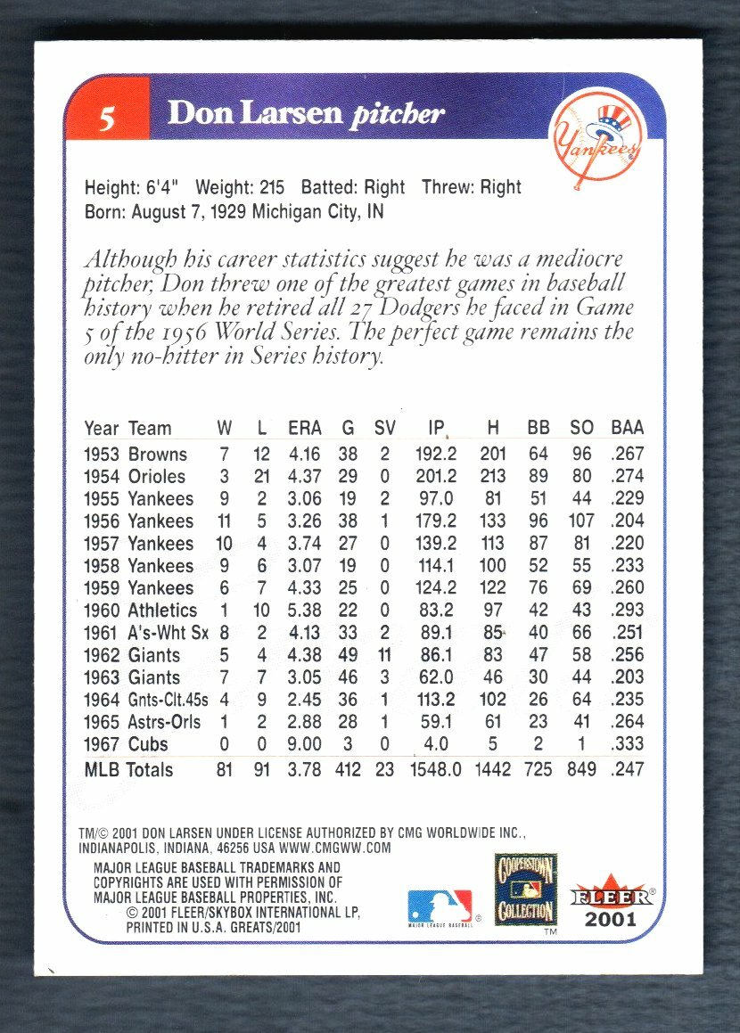 Don Larson 2001 Fleer GOTG Autograph Signed Yankees Card - MINT W/COA ...