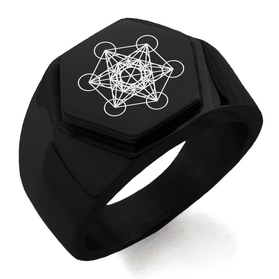 Stainless Steel Metatron’s Cube Symbol Mens Hexagon Crest Signet Ring ...