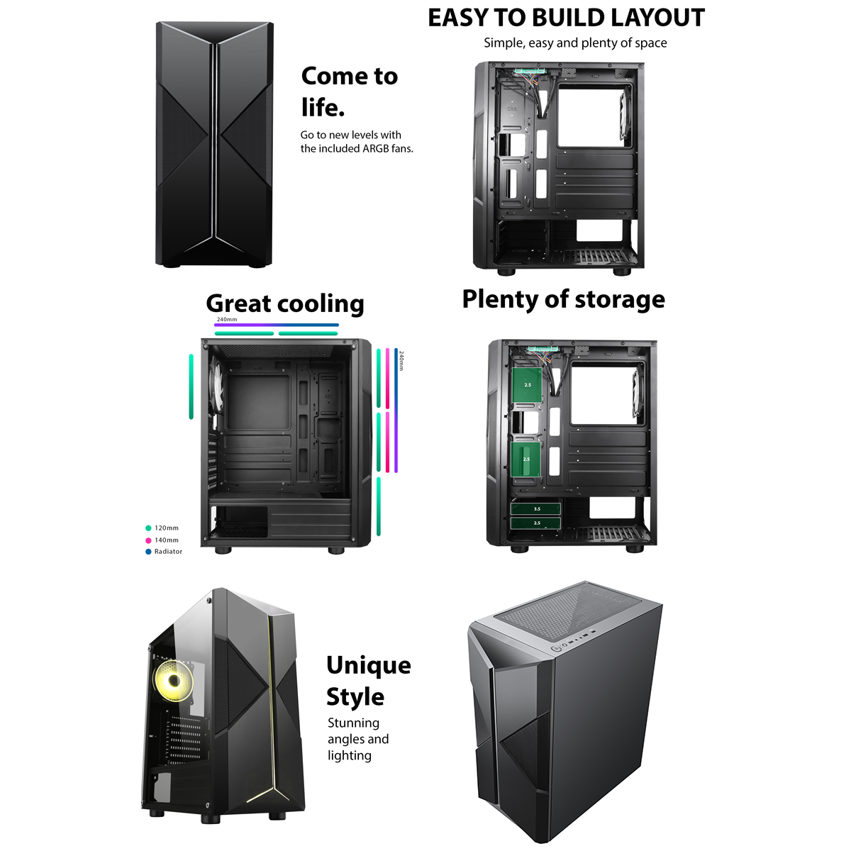 CIT Pyro Mid ATX Tower Gaming PC Case RGB Ring LED Fan 7 Strip Tempered ...