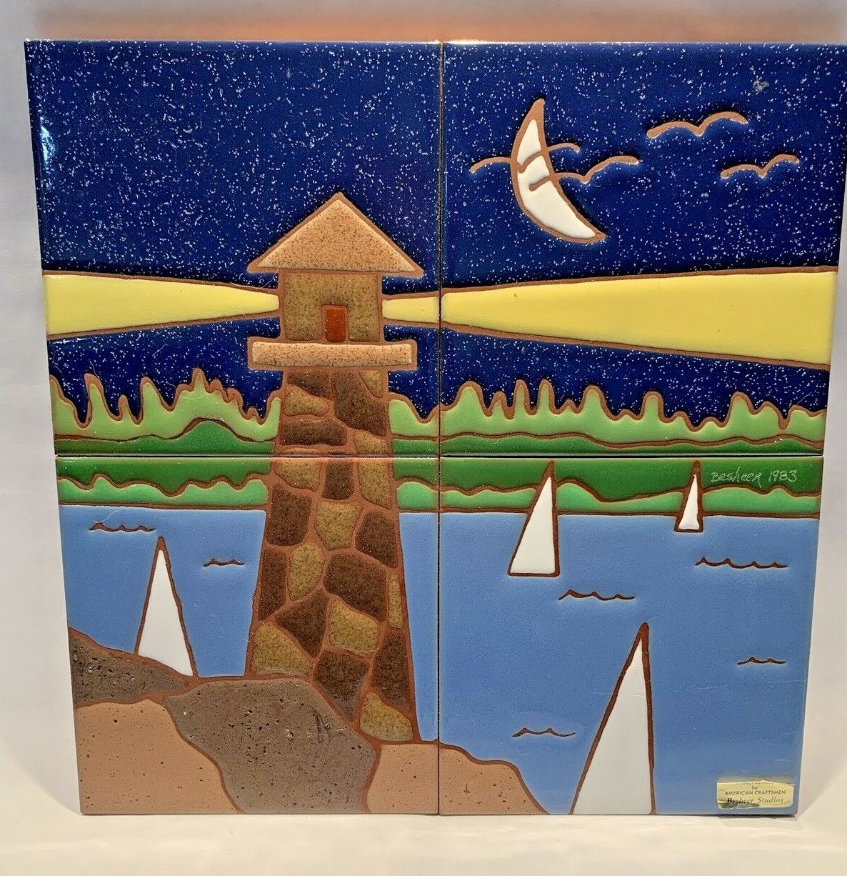 Vintage 1983 Besheer Art Tile 4 Panel Wall Hanging LIghthouse Sailboats ...