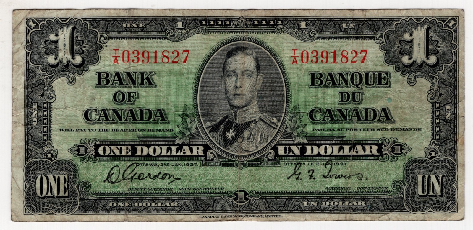 1937 BANK OF CANADA ONE 1 DOLLAR BANK NOTE TA 0391827 NICE BILL GORDON ...