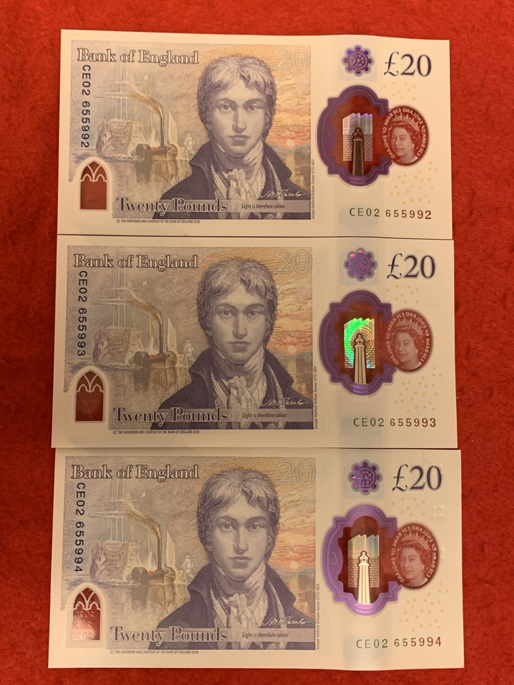 Queen Elizabeth II Uncirculated Polymer £20 Banknotes x 3 Running ...