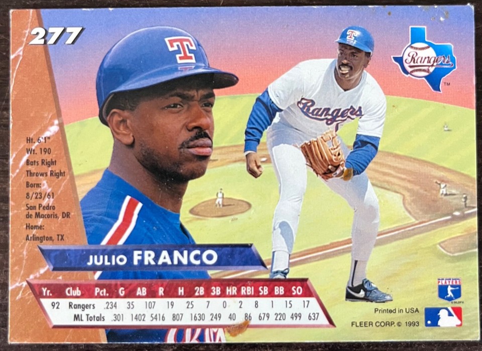 1993 Fleer Ultra #277 Julio Franco Texas Rangers MLB Major League ...