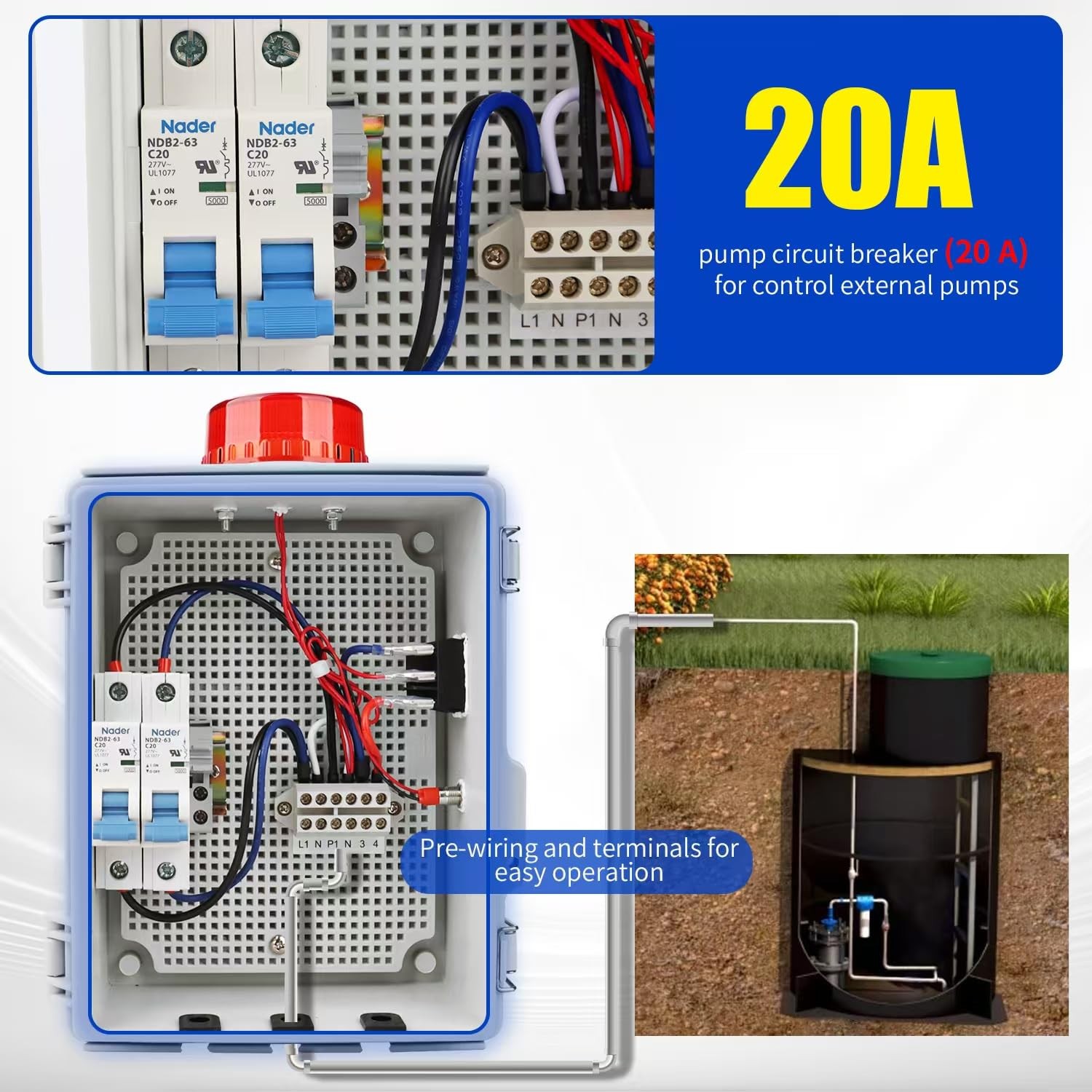 Septic Control Panel with Septic Alarm, Pump Circuit Breaker, 14 AWG Power Co... | eBay