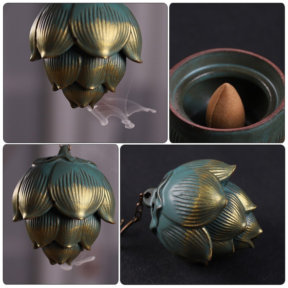 Lotus Shape Ceramic Backflow Incense Burner Aromatherapy Hanging Decor ...