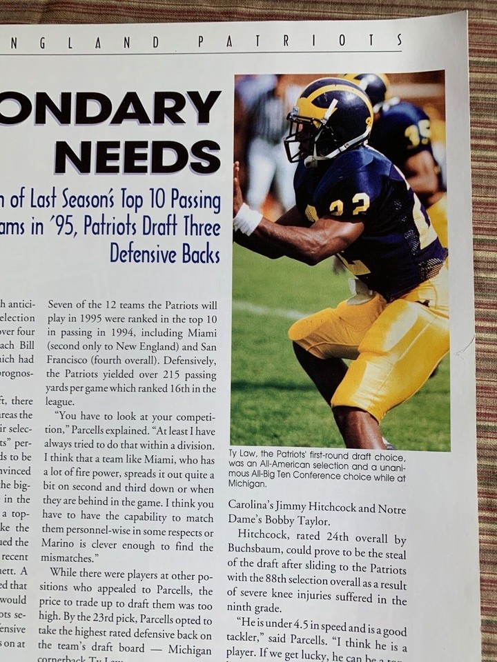 1995 NEW ENGLAND PATRIOTS SIDELINE REPORT MAGAZINE TY LAW ROOKIE ...