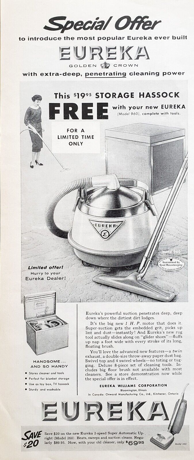 1958 Eureka Upright Vacuums 2 Speed Super Automatic Model 260 Print Ad ...