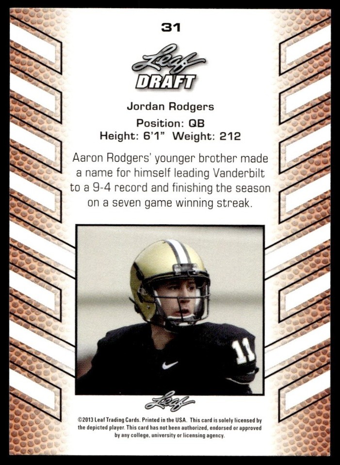 2013 Leaf Draft Jordan Rodgers Rookie G77 Vanderbilt Commodores #31 | eBay