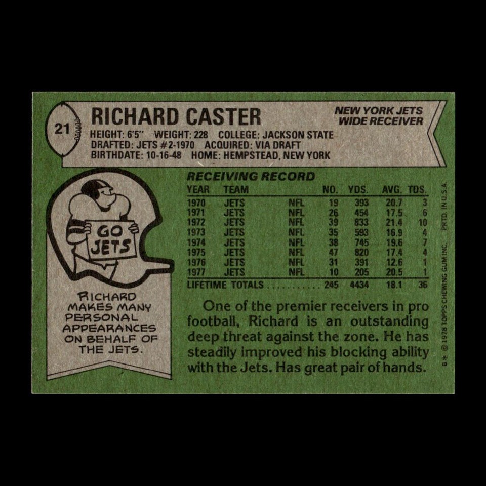 Richard Caster 1978 Topps New York Jets #21 R308A 1 | eBay