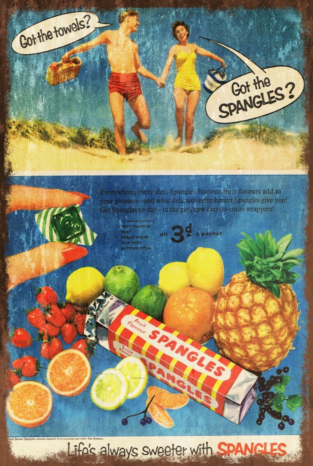 Spangles Fruit Sweets, Aged Look Beach Advert, Vintage Retro Style ...