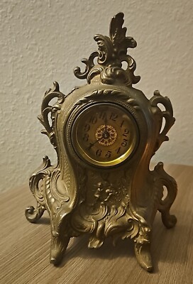 CAST IRON VICTORIAN Mantel Clock 1908 gold tone shelf clock. Very Nice ...