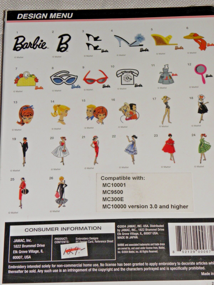 Janome Memory PC Design Card NOSTALGIC BARBIE 26 Embroidery Designs ...