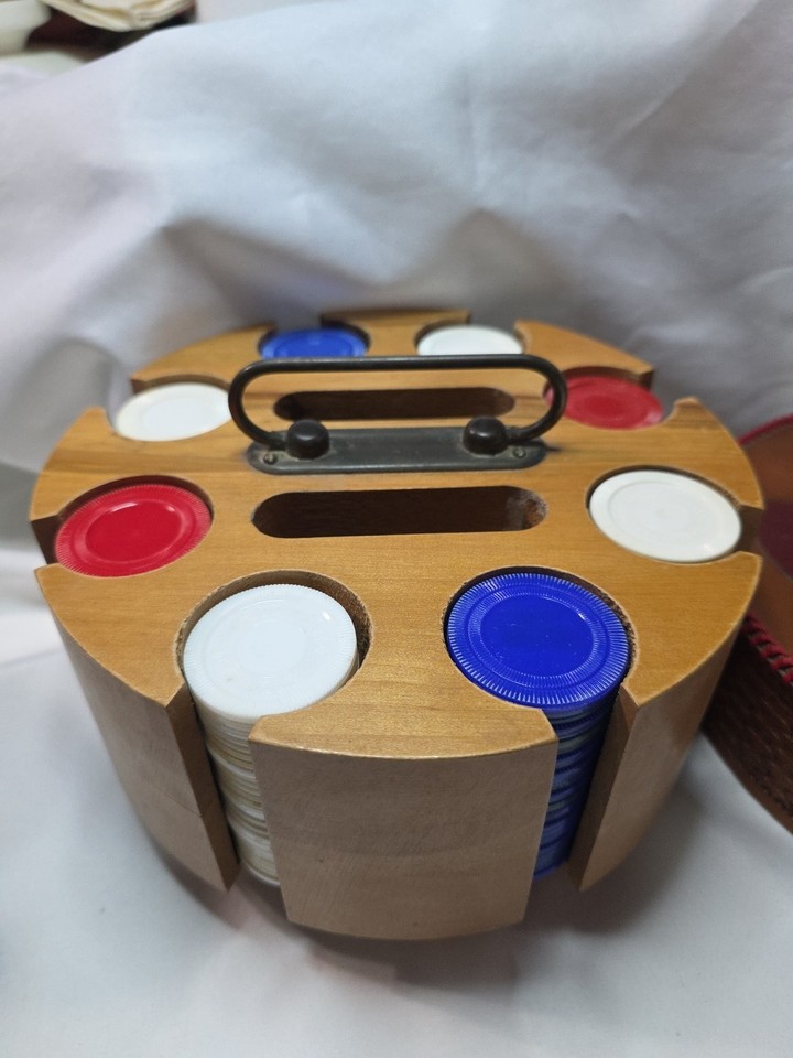Vtg Poker Chip Set W/Wooden Holder Card Caddy Leather Cover 207 Chips ...