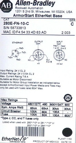 Allen Bradley 284E-FVD2P3Z-10-CR-3-EMI | ArmorStart with 280E-FN-10-C ...