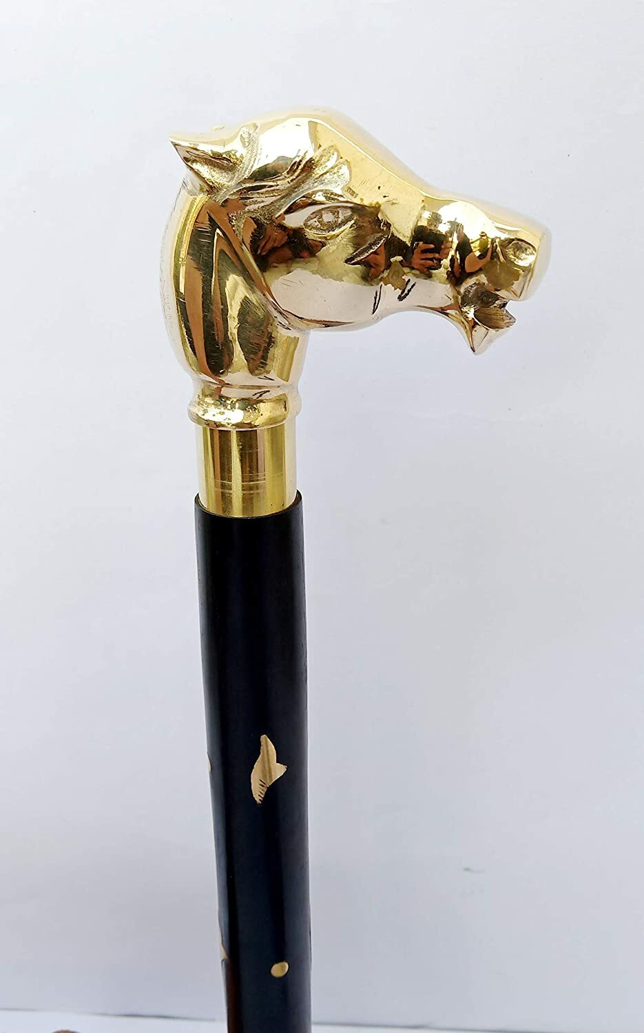 Wooden Walking Cane Long Horse Head golden Brass Hand… - Gem