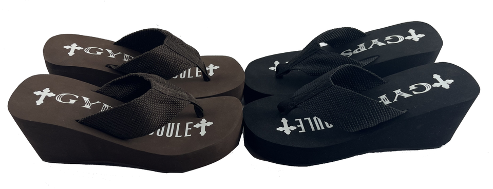 2 PAIRS Gypsy Soule 3" Heel Sandals BLACK BROWN Platform Wedge Thong ...