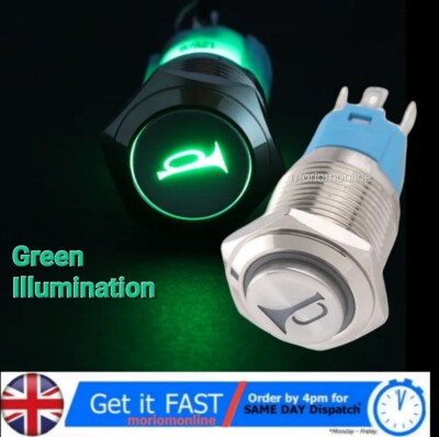 GREEN 16mm LED Light Horn Button Momentary Metal Switch Push Button Car ...