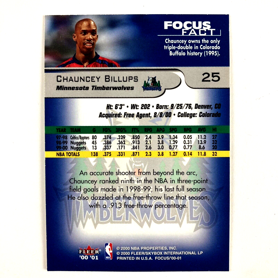 Chauncey Billups 2000-01 Fleer Focus Card #25 Nuggets Minnesota ...