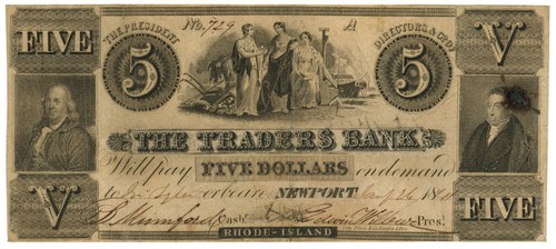 1841 Traders Bank, Newport, Rhode Island $5 Obsolete Note No.729 180 ...