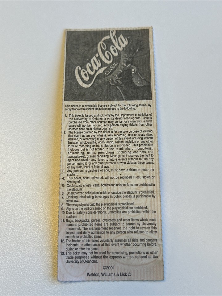 2001 Oklahoma Sooners State Cowboys Ticket Stub OU OSU Norman Bob ...