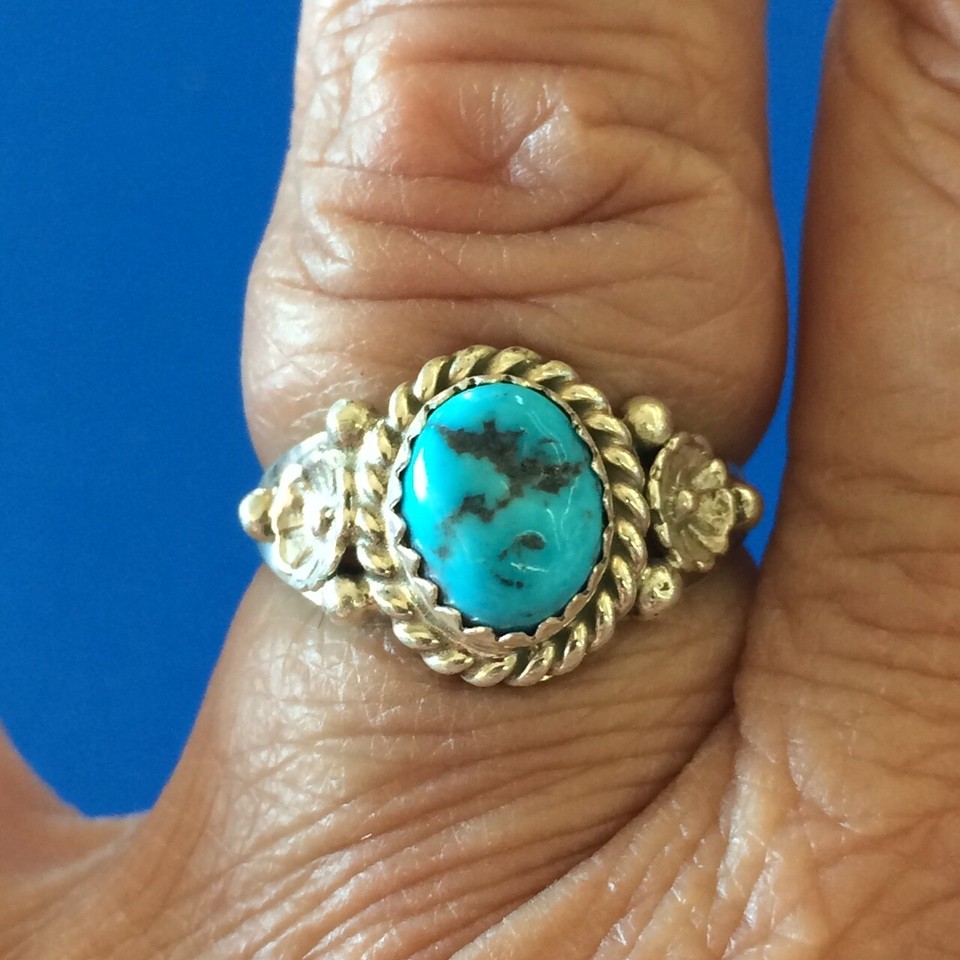 Native Ring Sterling Silver Blue Turquoise Double Flower Indian FREE ...