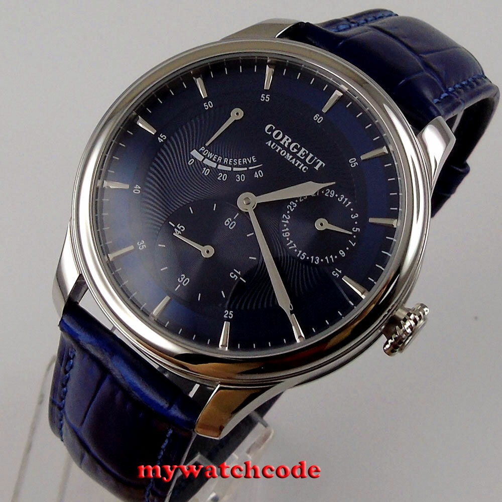 Polished 42mm CORGEUT blue dial Power reserve Automatic mechanical mens ...