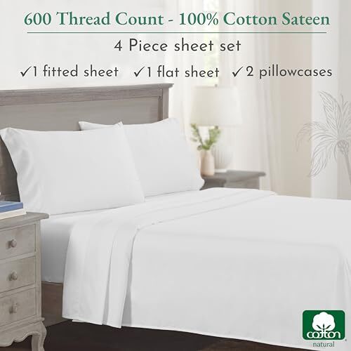 600 Thread Count 100% Cotton Sheets, Queen Size Sheet Set, Soft ...