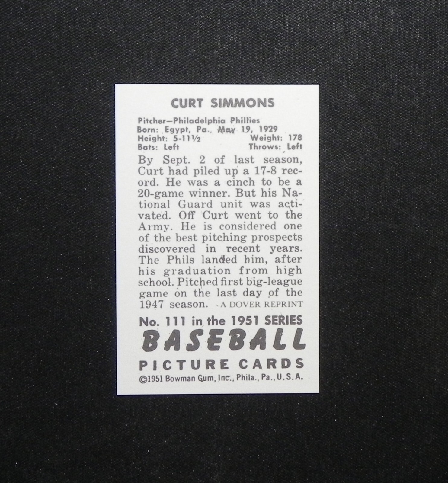 CURT SIMMONS Dover Reprint of 1951 Bowman Card #111 _ EXACT CARD (B) | eBay