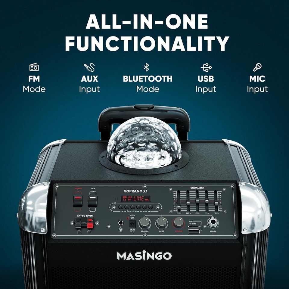 MASINGO Karaoke Machine w/ 2 Wireless Mics & Disco Lights – Portable ...