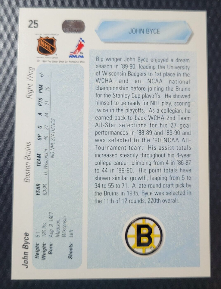 1990-91 Upper Deck JOHN BYCE Boston Bruins STAR ROOKIE Hockey NHL Card ...