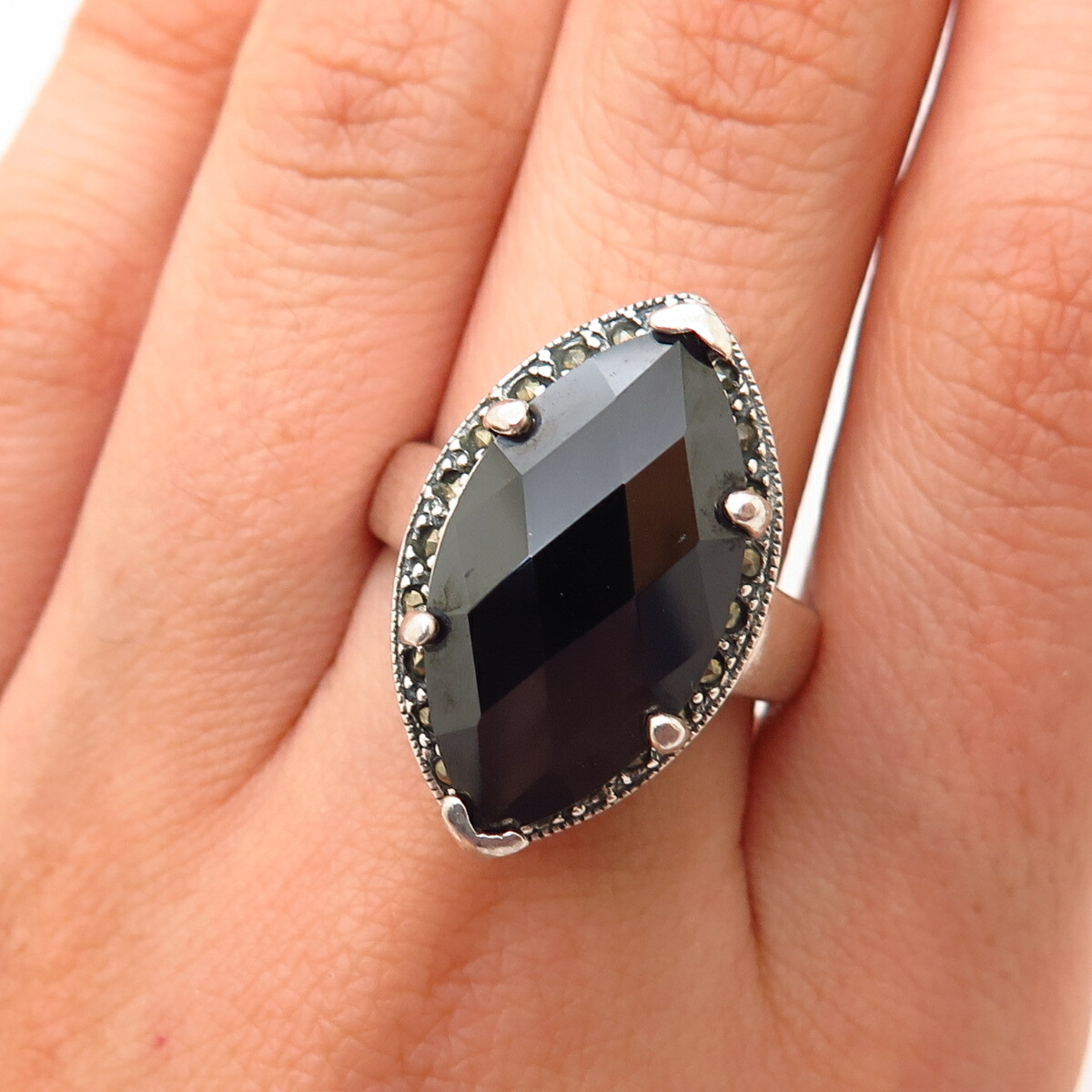 925 Sterling Silver Real Checkered Melanite & Marcasite Gem Wide Ring ...