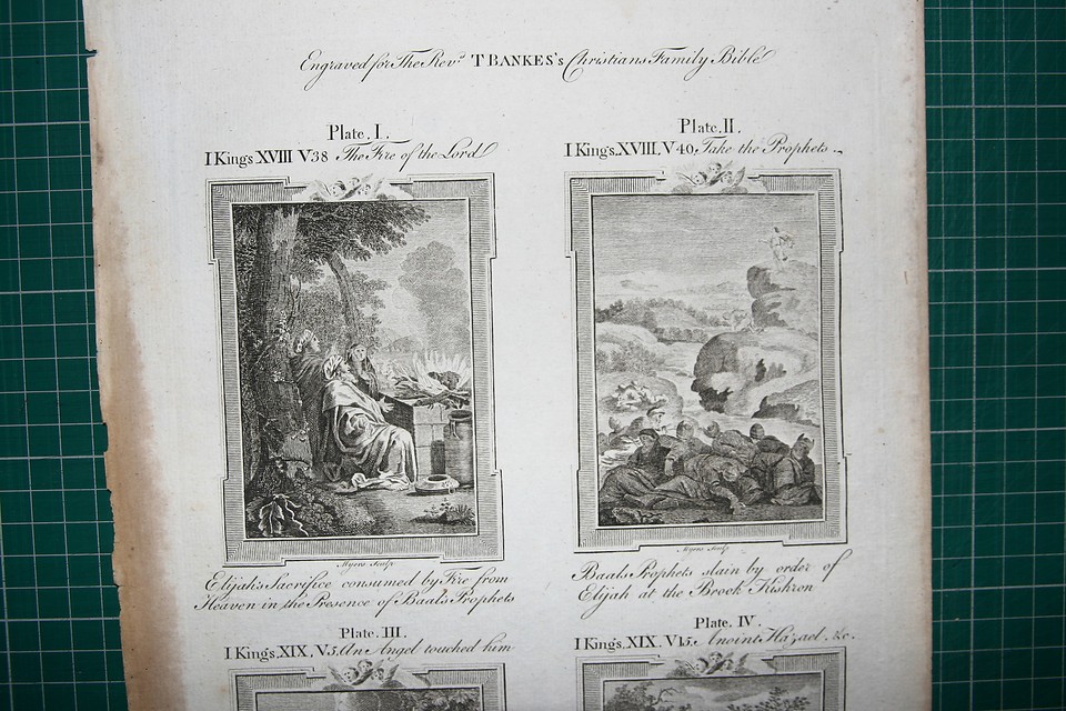 1790 PRINT BANKES BIBLE ~ ELIJAH'S SACRIFICE COMFORTED BY ANGEL BAALS ...