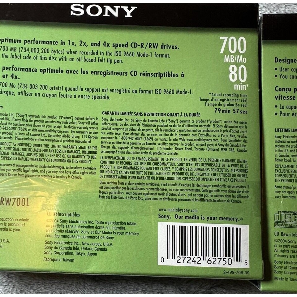 Sony Set of 2 CD-RW 5 Packs Blank Discs 700MB 80Min Rewritable 10 Total ...