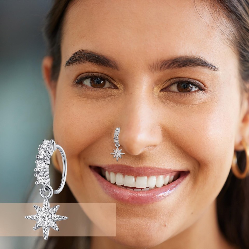 Junkin 18 Pcs 20g Dangle Nose Rings Studs Women L Shaped Dangling Nose ...