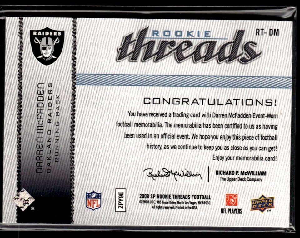 2008 SP Rookie Threads #RT-DM Darren McFadden Rookie Threads 250 MEM,SN ...