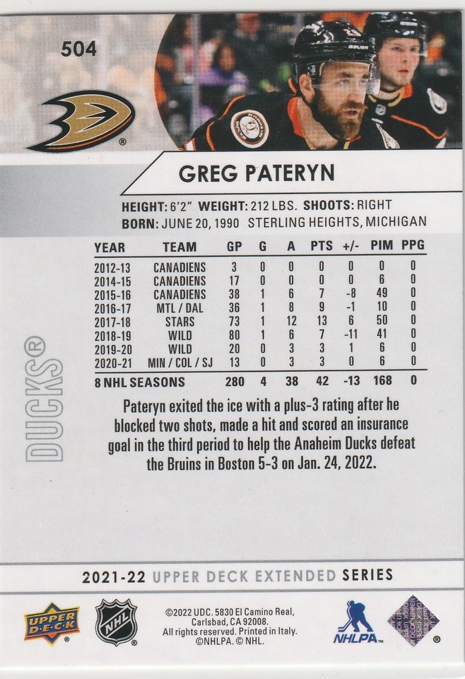 2021 UPPER DECK EXTENDED SERIES GREG PATERYN #504 ANAHEIM DUCKS | eBay