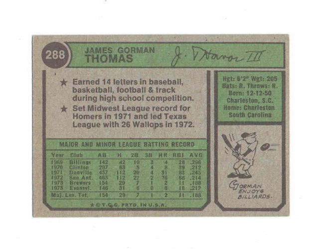 Gorman Thomas Milwaukee Brewers Outfield #288 TCG 1974 #Baseball Card ...