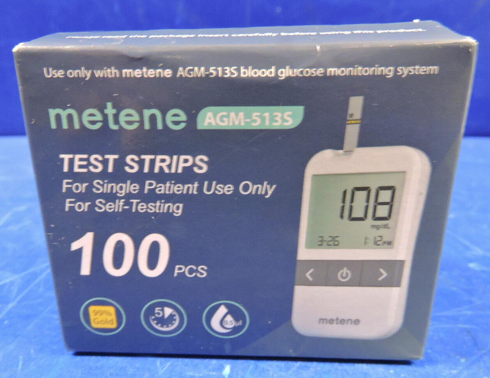 NEW Box 100 Count Metene AGM-513S Test Strips / Diabetes Blood Glucose ...