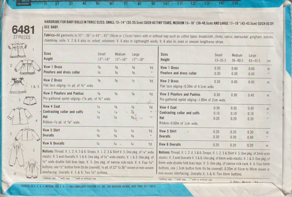 Simplicity Pattern 6481 Baby Doll Wardrobe 13"-14", FF | eBay